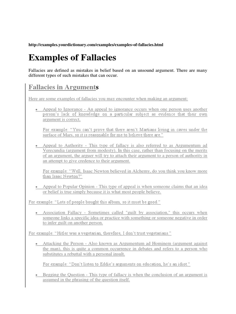 Examples of Fallacies | PDF | Fallacy | Argument