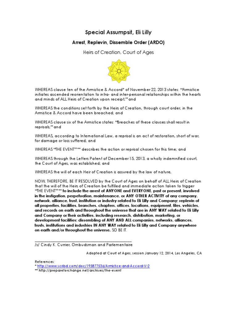 Special Assumpsit, Eli Lilly: Arrest, Replevin, Dissemble Order (ARDO ...