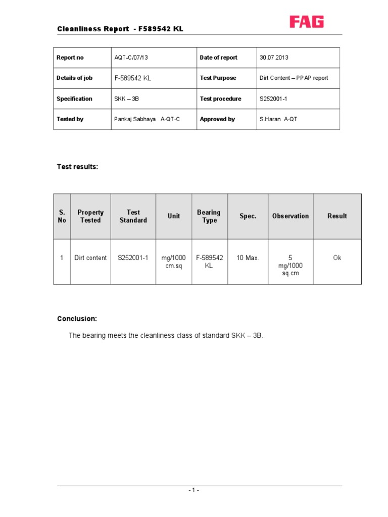 Cleanliness Test Results for F-589542 KL | PDF