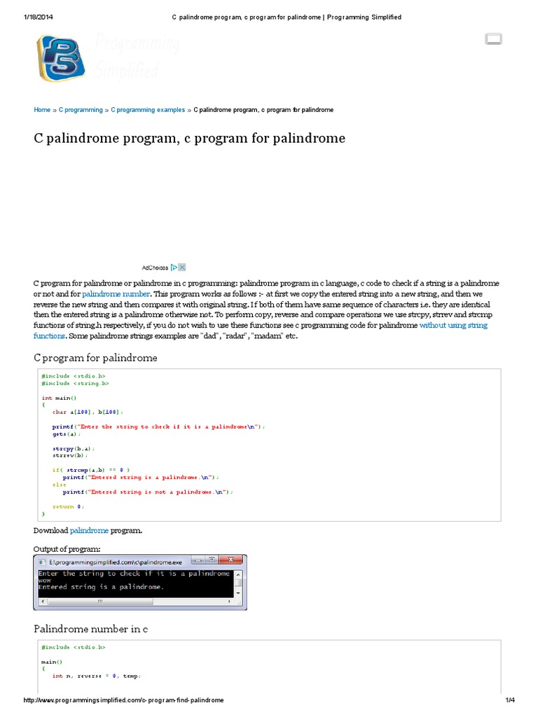 C Palindrome Program C Program For Palindrome Programming Simplified
