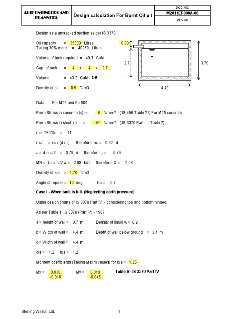 Design Calculations for a Burnt Oil Storage Pit including Dimensions ...