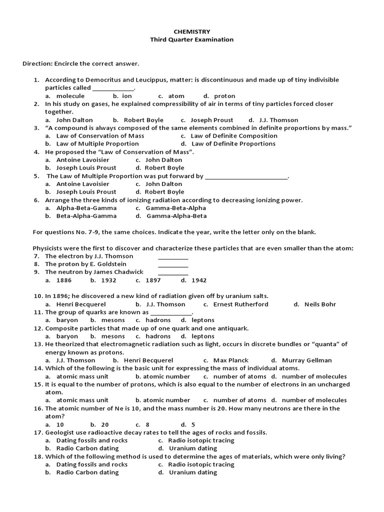 Chemistry Third Quarter Examination | PDF | Atoms | Elementary Particle