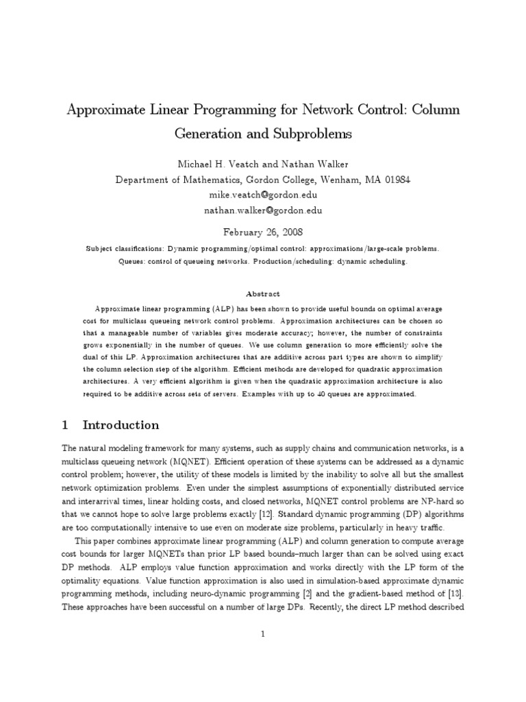 Approximate Linear Programming For Network Control: Column Generation and Subproblems | PDF ...