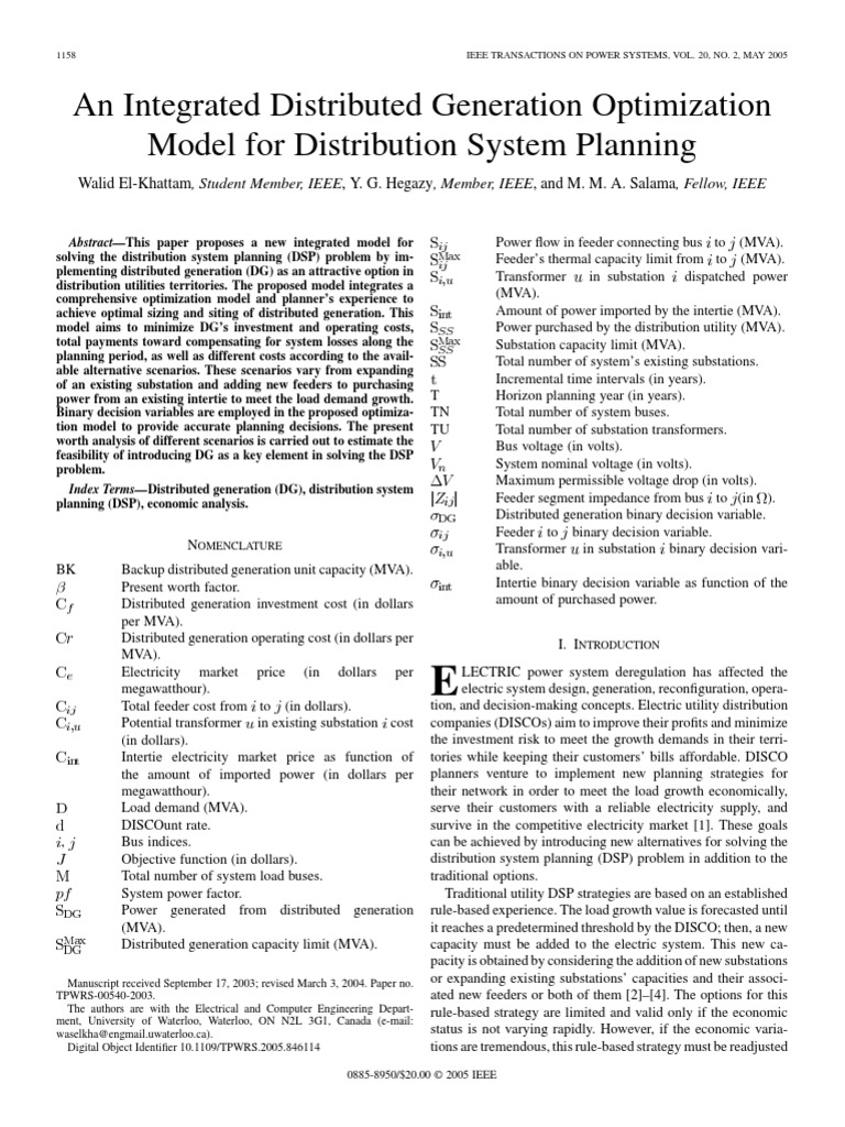 An Integrated Distributed Generation Optimization Model For Distribution System Planning | PDF ...