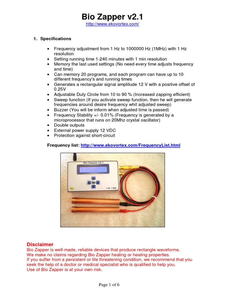 Bio Zapper v2.1: 1. Specifications | PDF | Frequency | Hertz