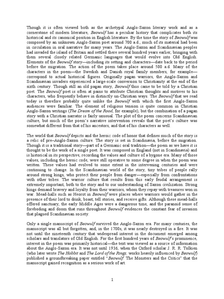 The History and Literary Context of the Epic Poem Beowulf | PDF ...