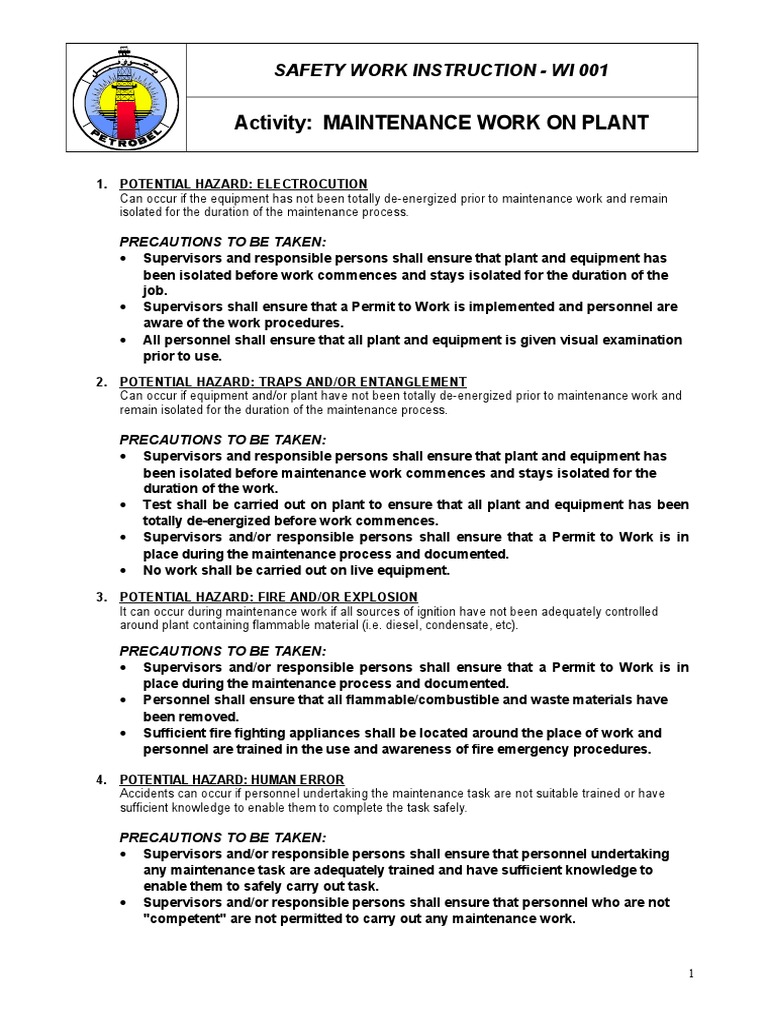 Maintenance Safety Instructions WI-001 | PDF | Prevention | Safety