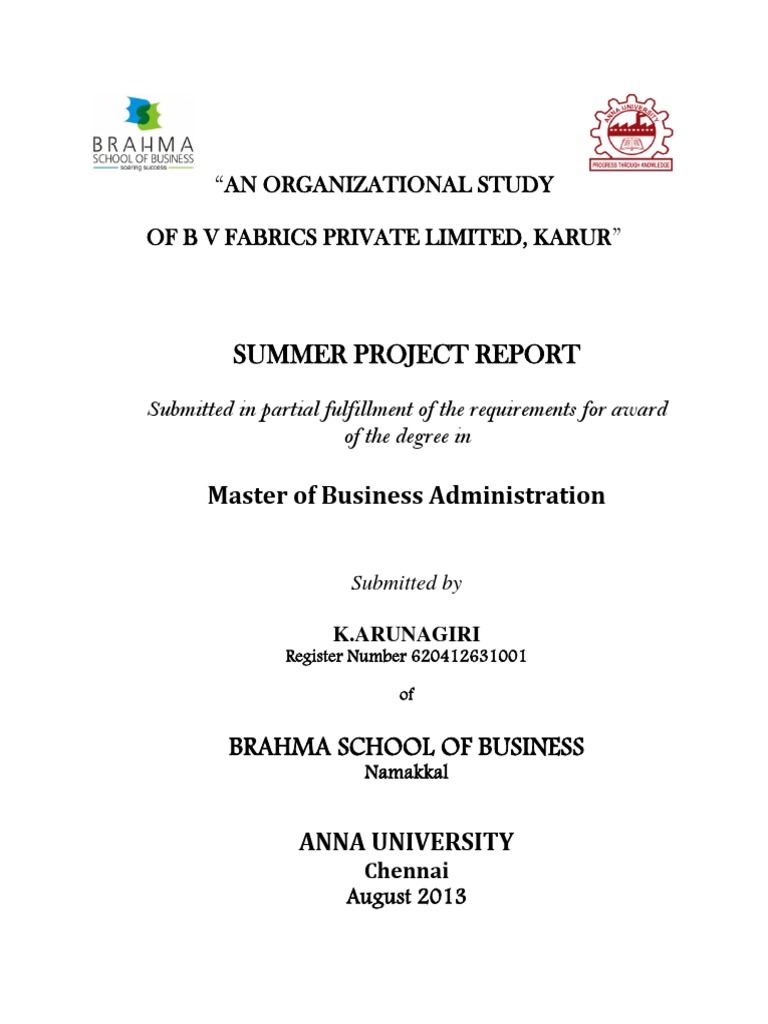 Summer Project Report: "An Organizational Study of B V Fabrics Private ...
