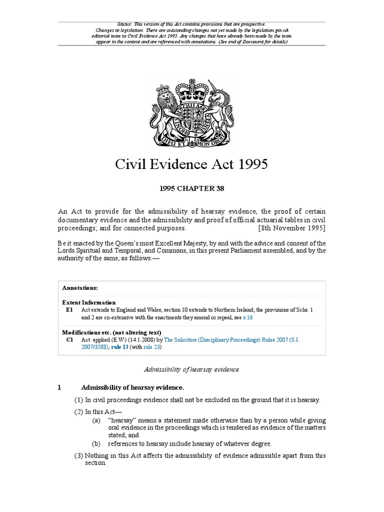 Civil Evidence Act 1995 Overview | PDF | Hearsay | Evidence (Law)