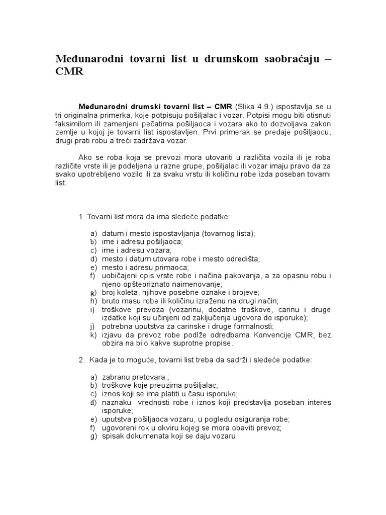 Medjunarodni Tovarni List CMR | PDF