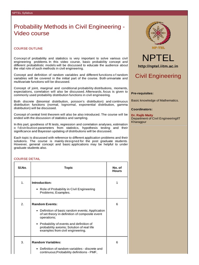 Nptel: Probability Methods in Civil Engineering - Video Course | PDF ...