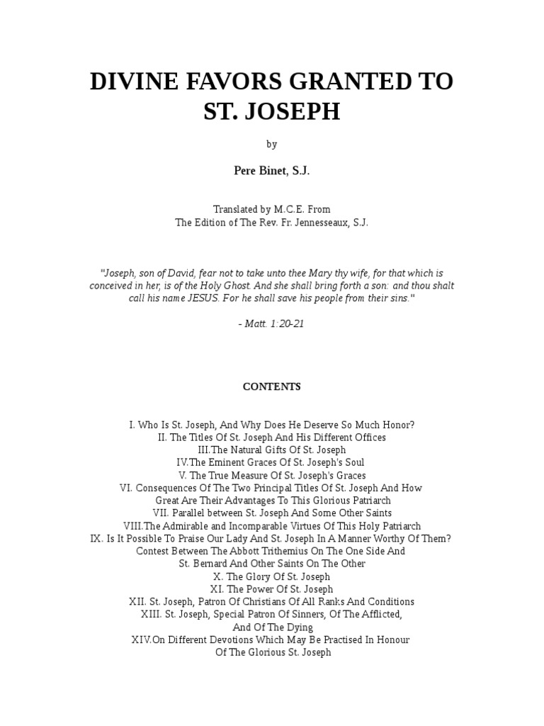 Pere Binet, S.J. - Divine Favors Granted To St. Joseph | PDF | Theology ...
