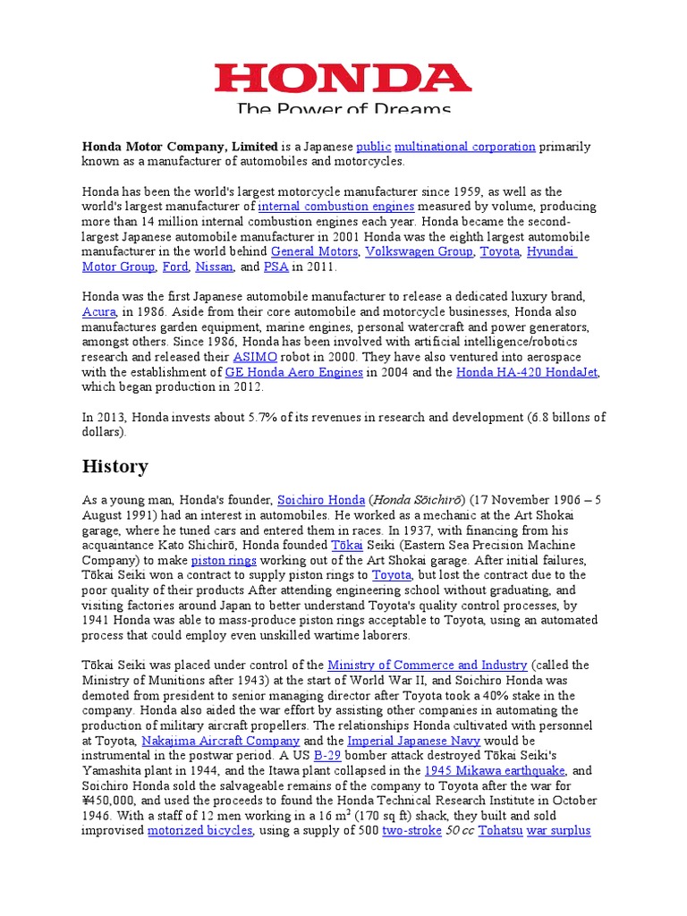 Honda Motor Company | PDF | Honda | Hybrid Electric Vehicle