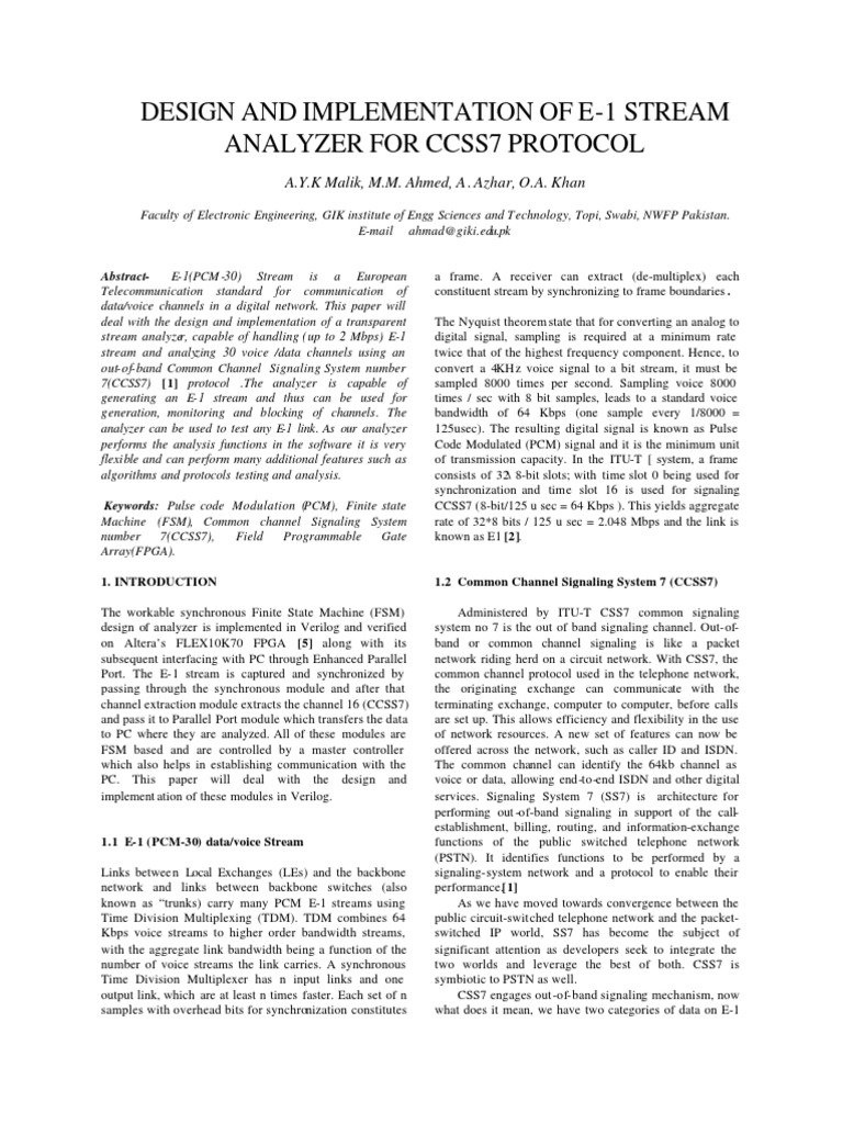 E-1 Stream Analyzer Design for CCSS7 | PDF | Public Switched Telephone ...