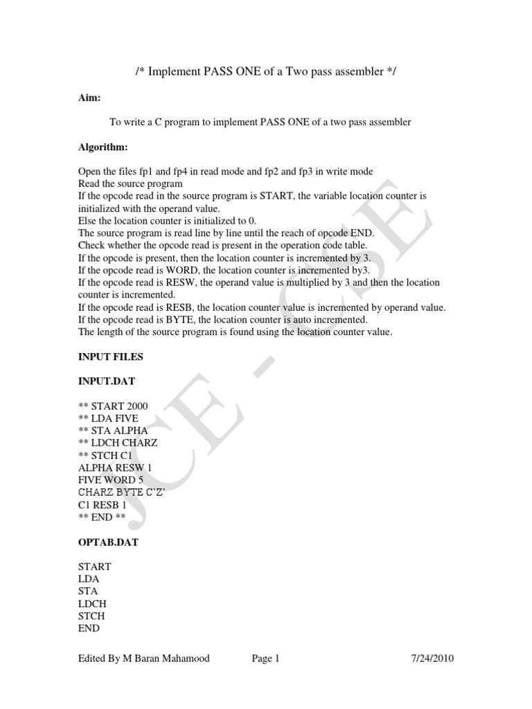 Implement Pass One Of A Two Pass Assembler Pdf Assembly Language C Programming Language 2313