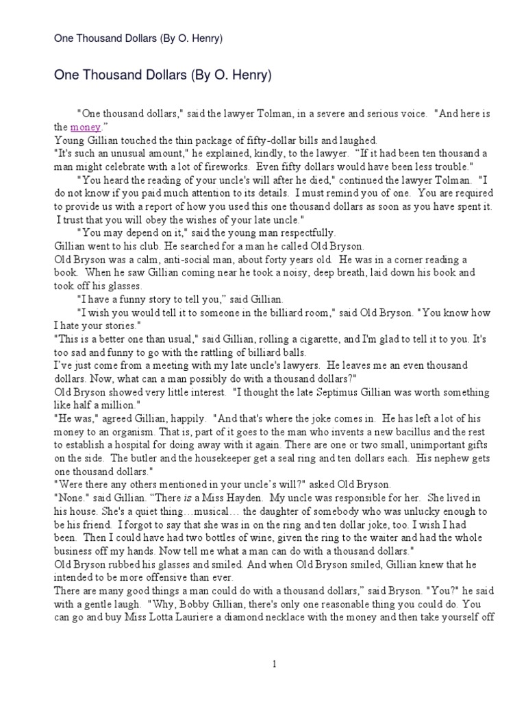 One Thousand Dollars | PDF | History | Mystery, Thriller & Crime Fiction