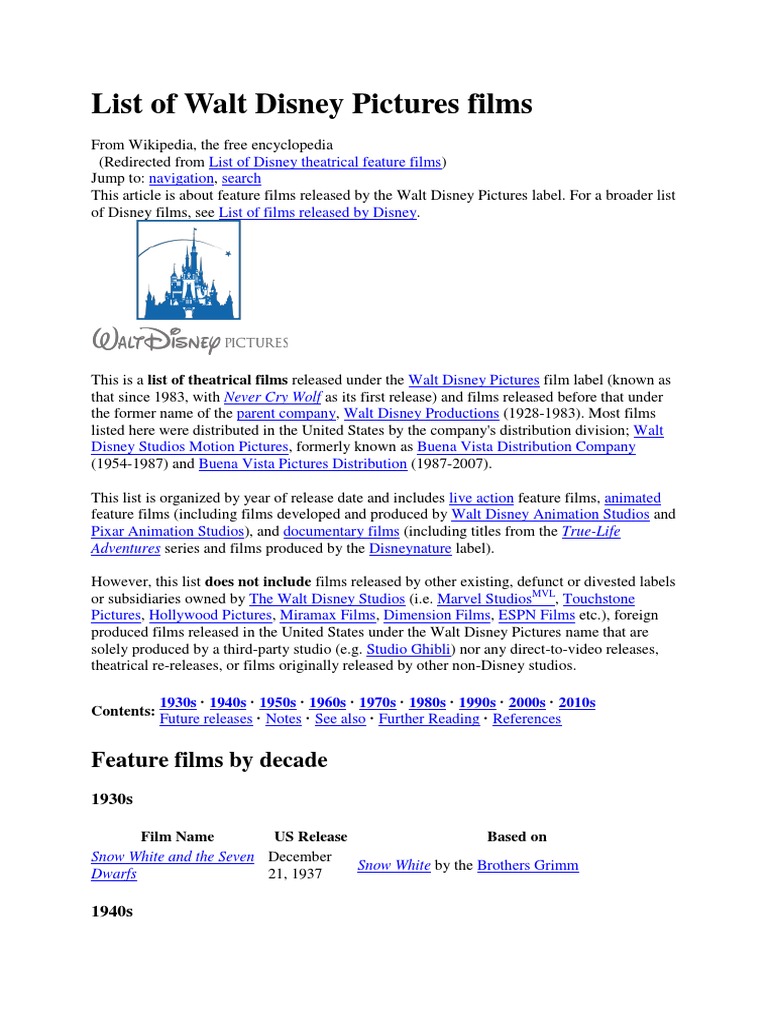 Walt Disney Pictures Film List | PDF | Walt Disney Pictures | The Walt ...