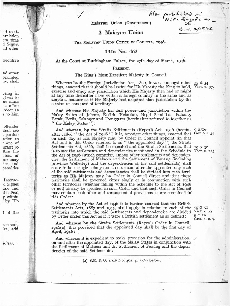 Malayan Union Order in Council 1946 | PDF | Foreign Language Studies