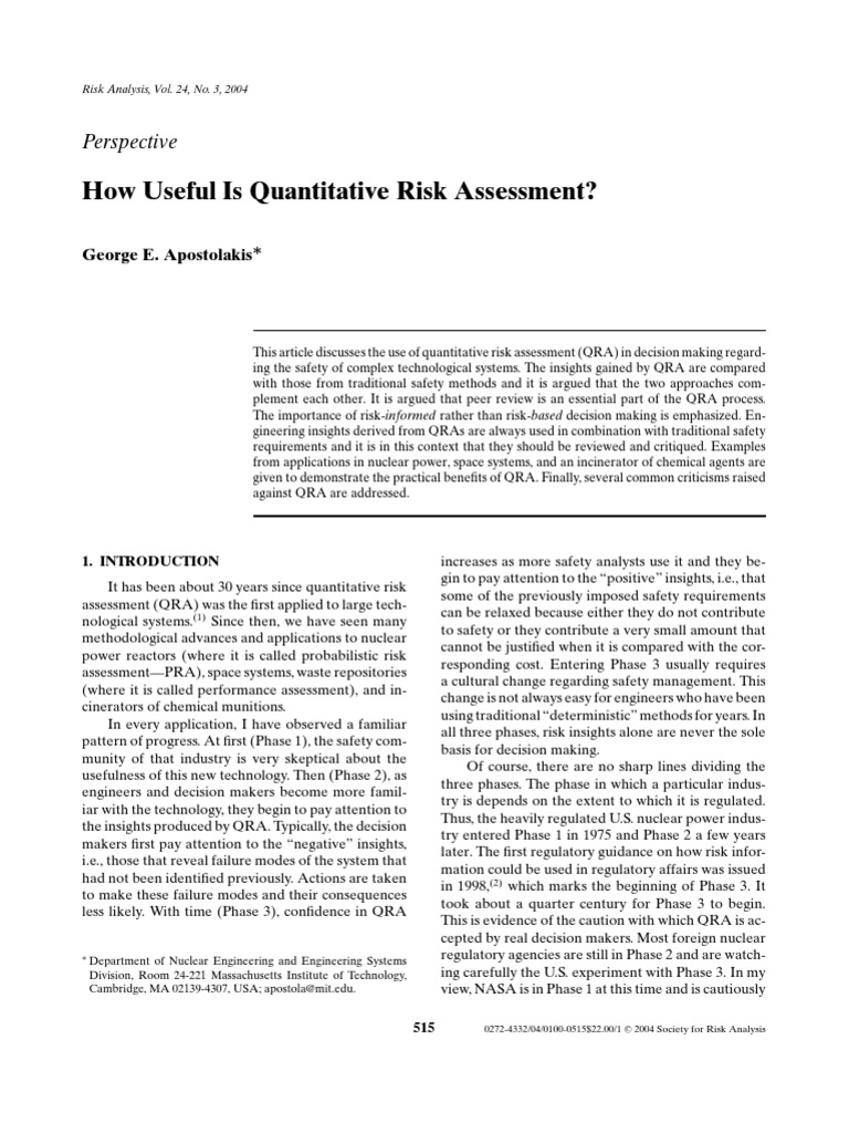 Quantitative Risk Assessment: A Useful Tool When Used Appropriately in ...