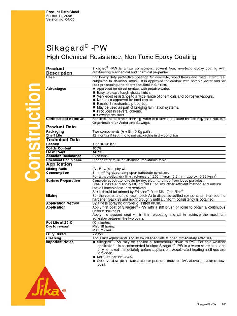 Sikagard - PW: High Chemical Resistance, Non Toxic Epoxy Coating | PDF | Epoxy | Water