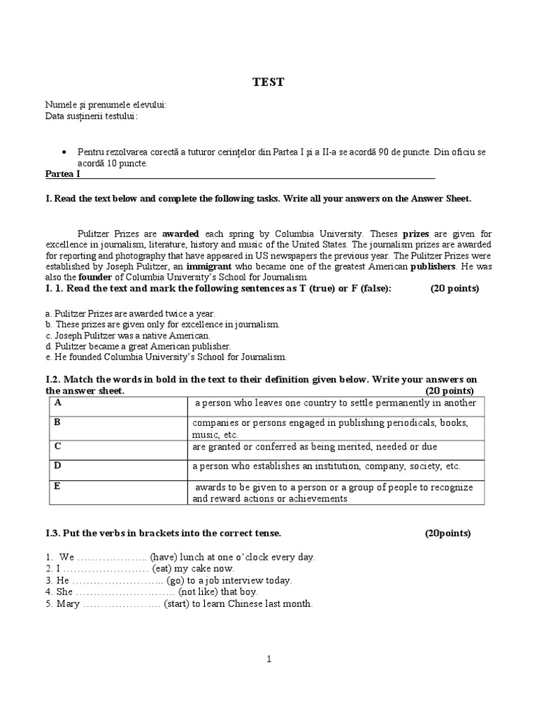 Partea I - I. Read The Text Below and Complete The Following Tasks ...