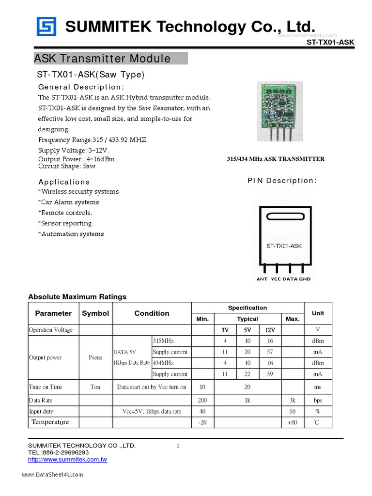 SUMMITEK Technology Co., LTD.: ASK Transmitter Module | PDF