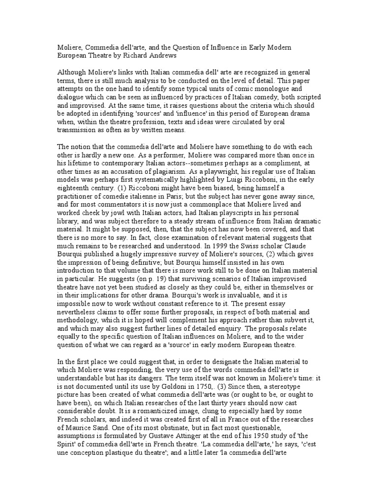 Moliere, Commedia Dell'arte, and The Question of Influence in Early ...