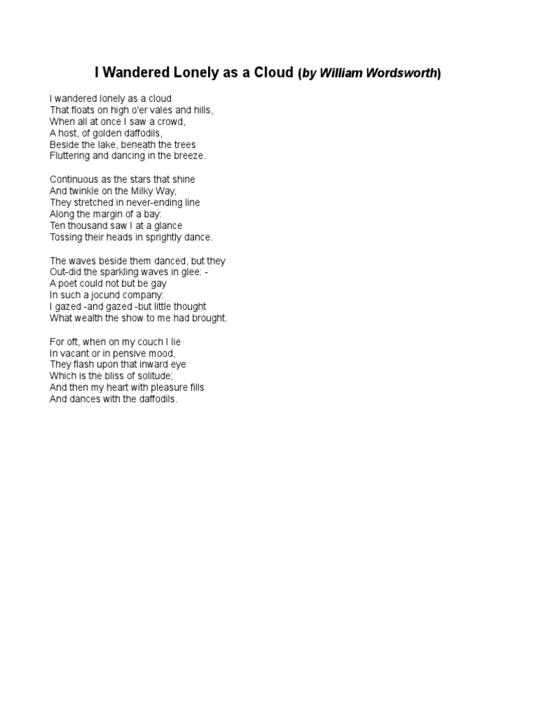 I Wandered Lonely As A Cloud Love (William Wordsworth) | PDF | English ...