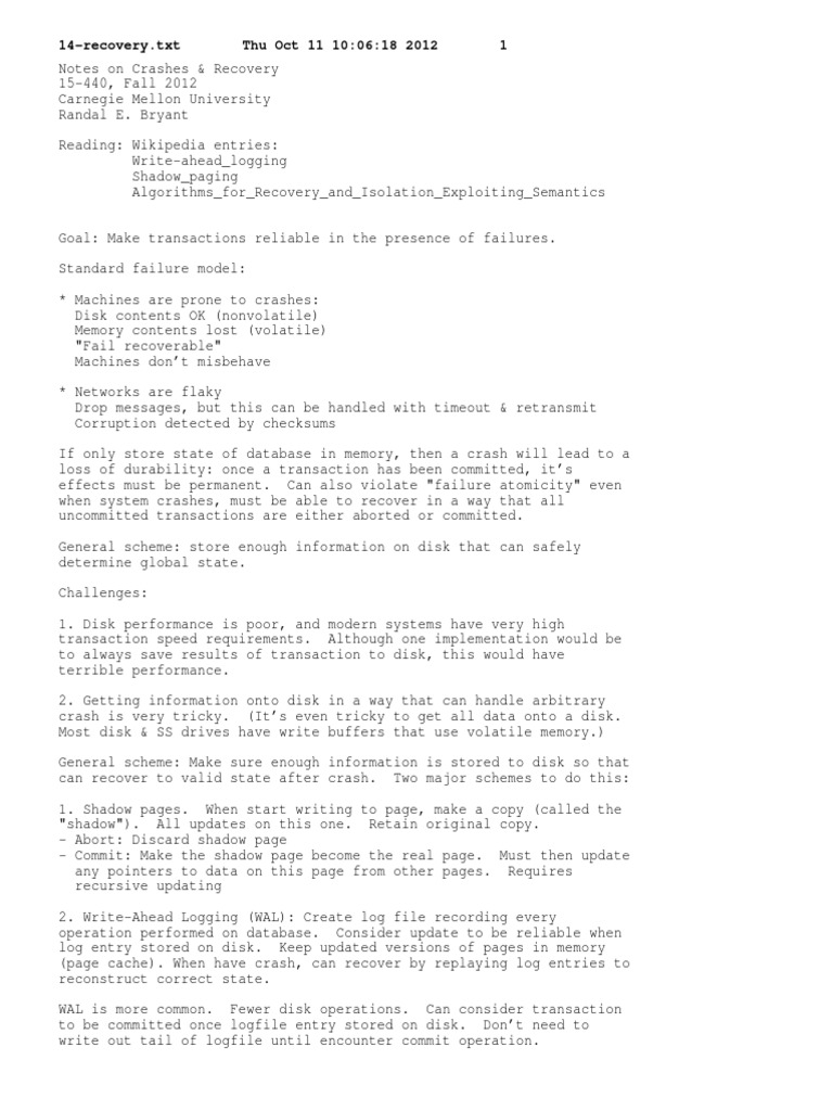 Notes on Database Recovery Techniques Using Write-Ahead Logging and ...