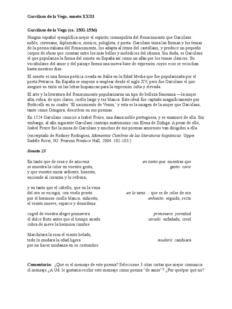 Garcilaso de la Vega, Soneto 23 ("En tanto que de rosa y azucena ...