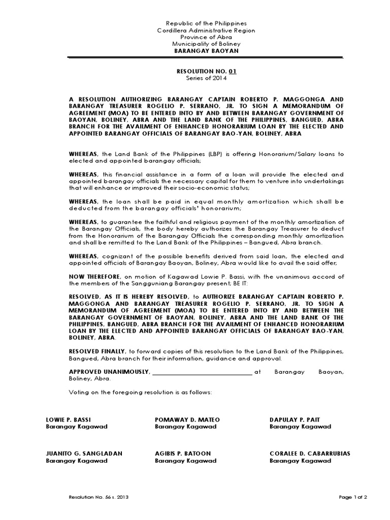 Brgy Reso Availment of Honorarium Loan | PDF | Loans | Government