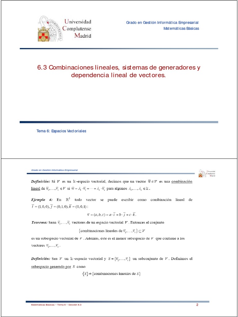 Sección 6.3 Combinaciones Lineales, Sistemas de Generadores y Dependencia Lineal de Vectores. | PDF