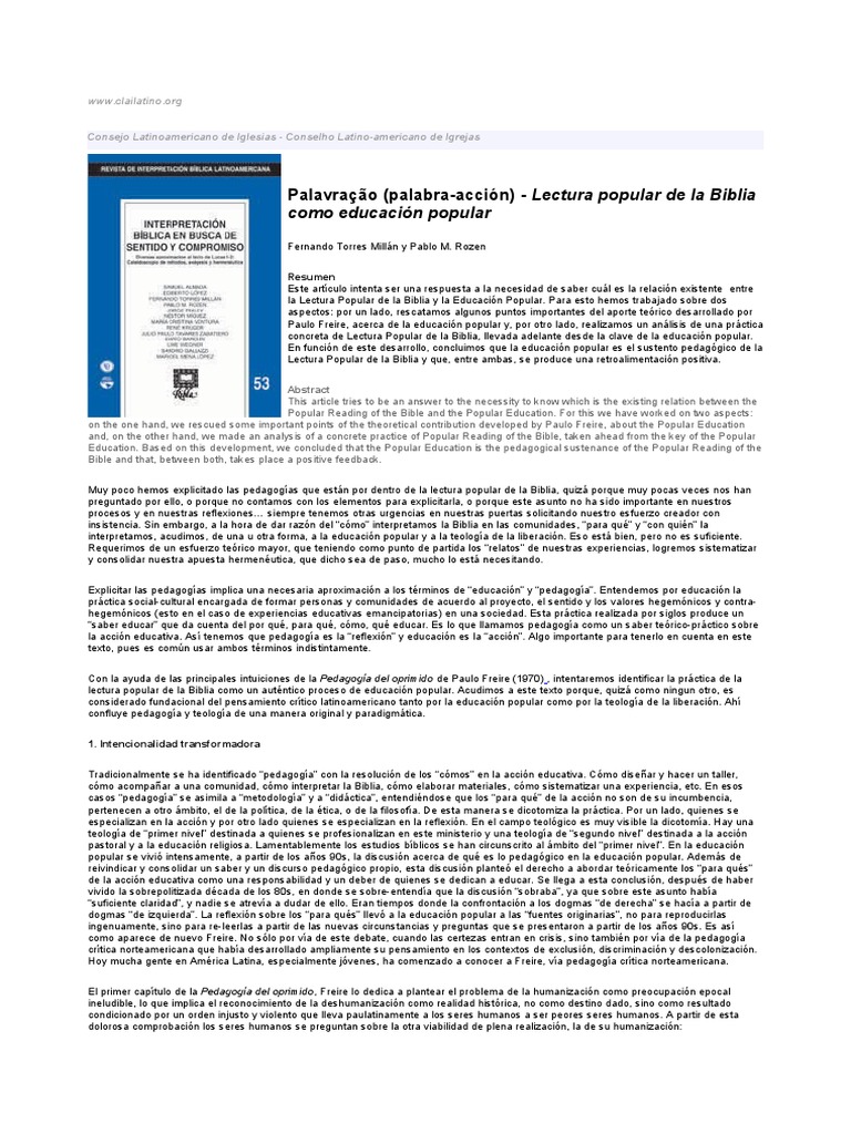 Lectura Popular de La Biblia Como Educación Popular Fernando Torres y ...