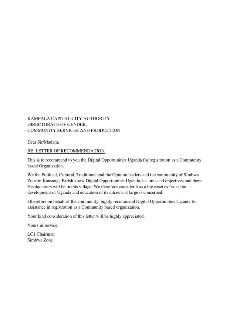 LC1 Recommendation Letter To KCCA | PDF