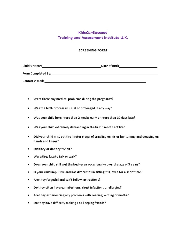 Child Development Screening Form | PDF