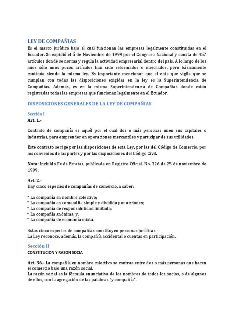 Ley de Compañias | PDF | Sociedad de responsabilidad limitada ...