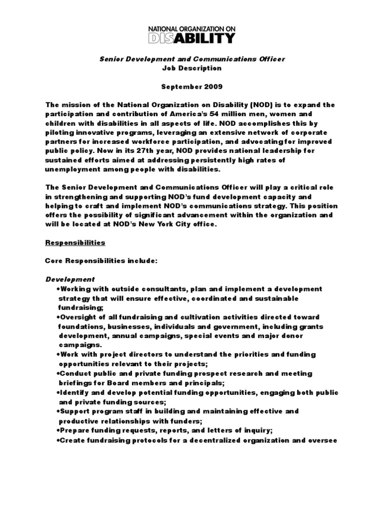 Senior Development and Communications Officer Job Description | PDF ...