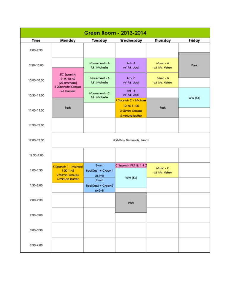 Weekly Schedule for Kindergarten Classes | PDF
