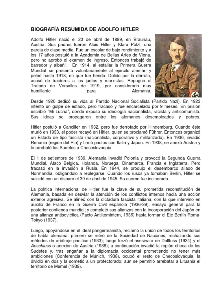 Biografía Resumida de Adolfo Hitler | PDF | Alemania nazi | Adolf Hitler