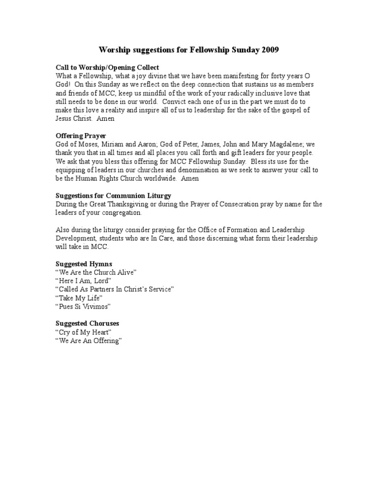Fellowship Sunday Worship Ideas 2009 | PDF