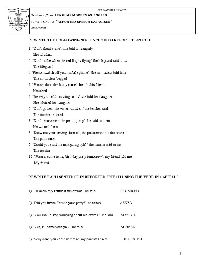 Reported Speech Exercises for 2º Bachillerato | PDF | Social Science | Art