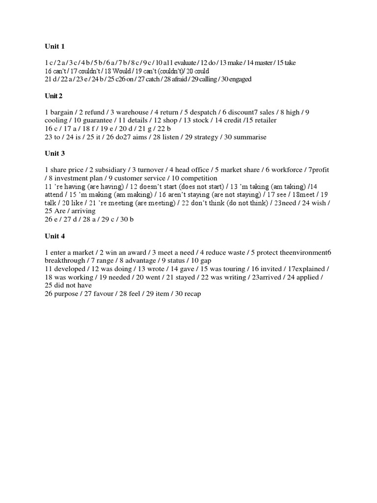 Key of Tests Unit 1-4 (Market Leader) | PDF