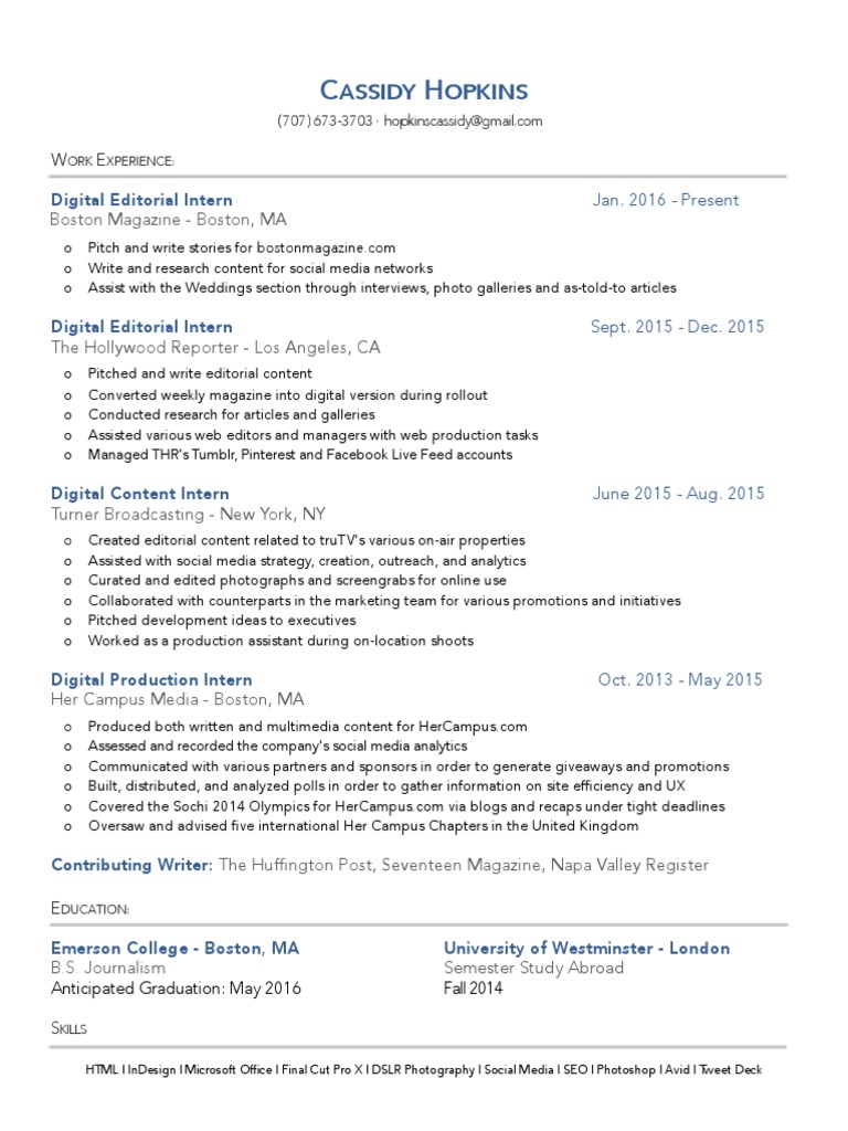 Cassidy Hopkins: Digital Editorial Intern Resume | PDF