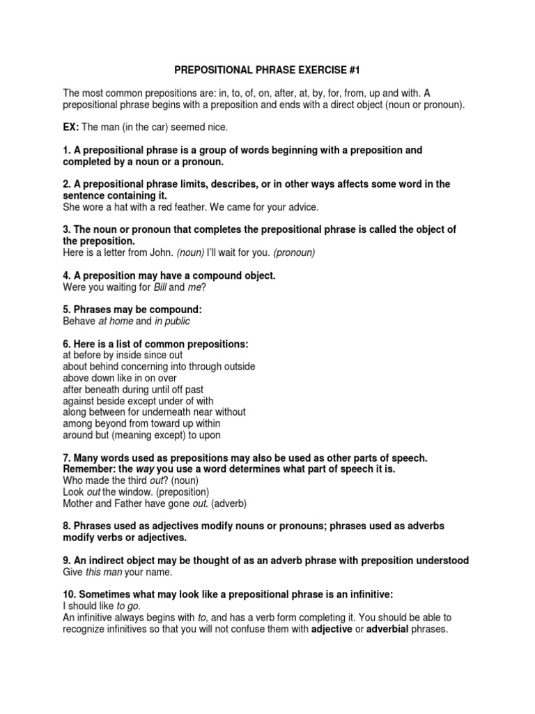 Prepositional Phrase Exercise 1 | PDF | Preposition And Postposition ...