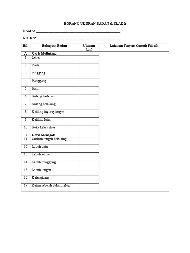 Borang Ukuran Badan Lelaki | PDF