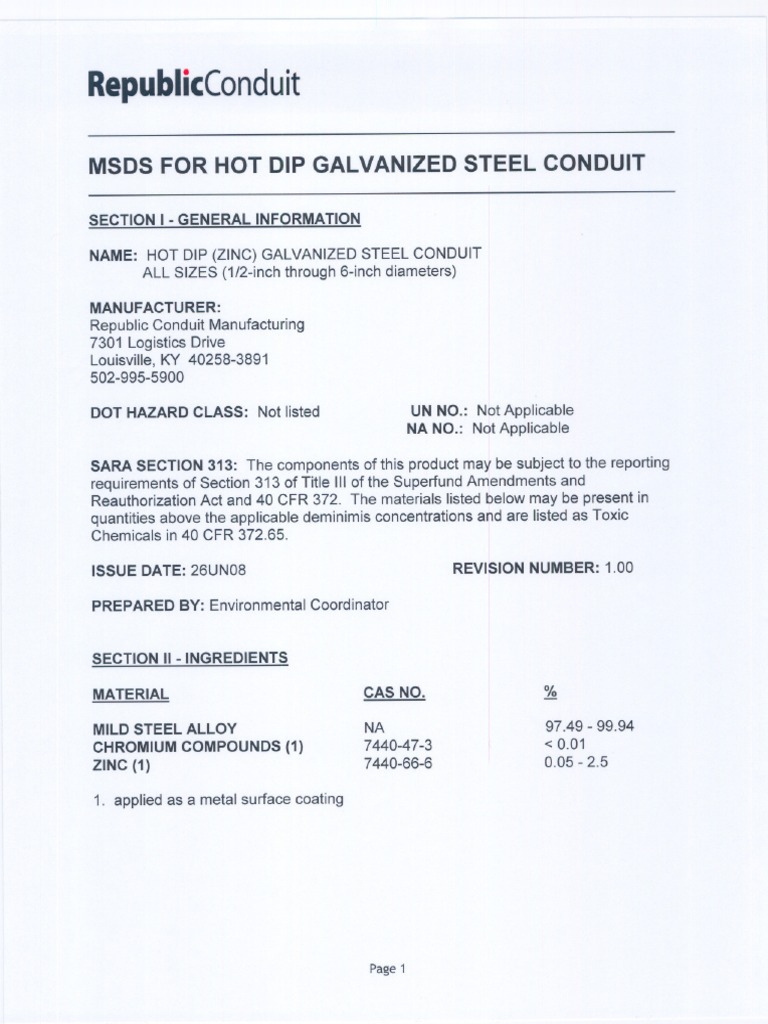 Hot-Dip Galvanizing Material Safety Data Sheet | PDF | Chemistry ...