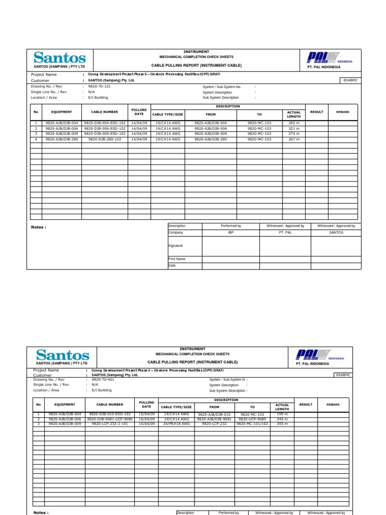 Cable Pulling Report (Instrument Cable) : Project Name Customer | PDF