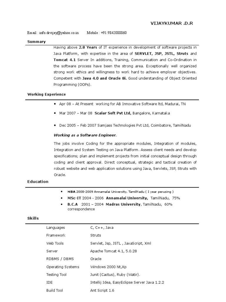 Latest CV 2.8 Years Exp in Java Platform VijayKumar .D.R | PDF | Java ... Latest CV 2.8 Years Exp in Java Platform VijayKumar .D.R | PDF | Java ...