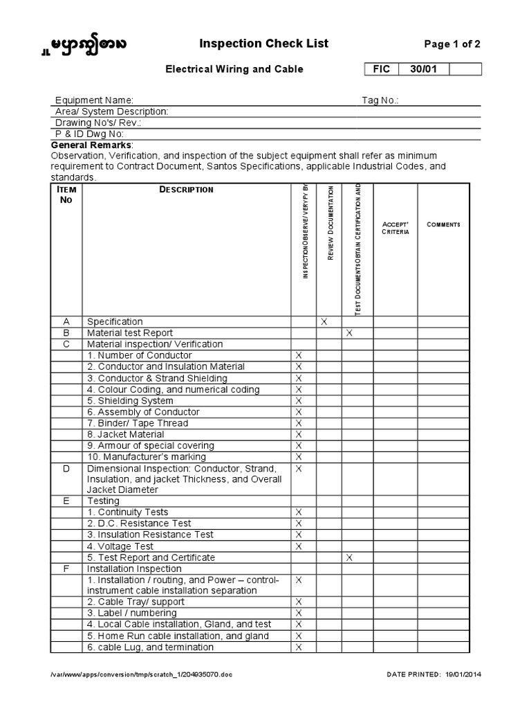 Electrical Wiring Inspection Checklist | PDF | Computers