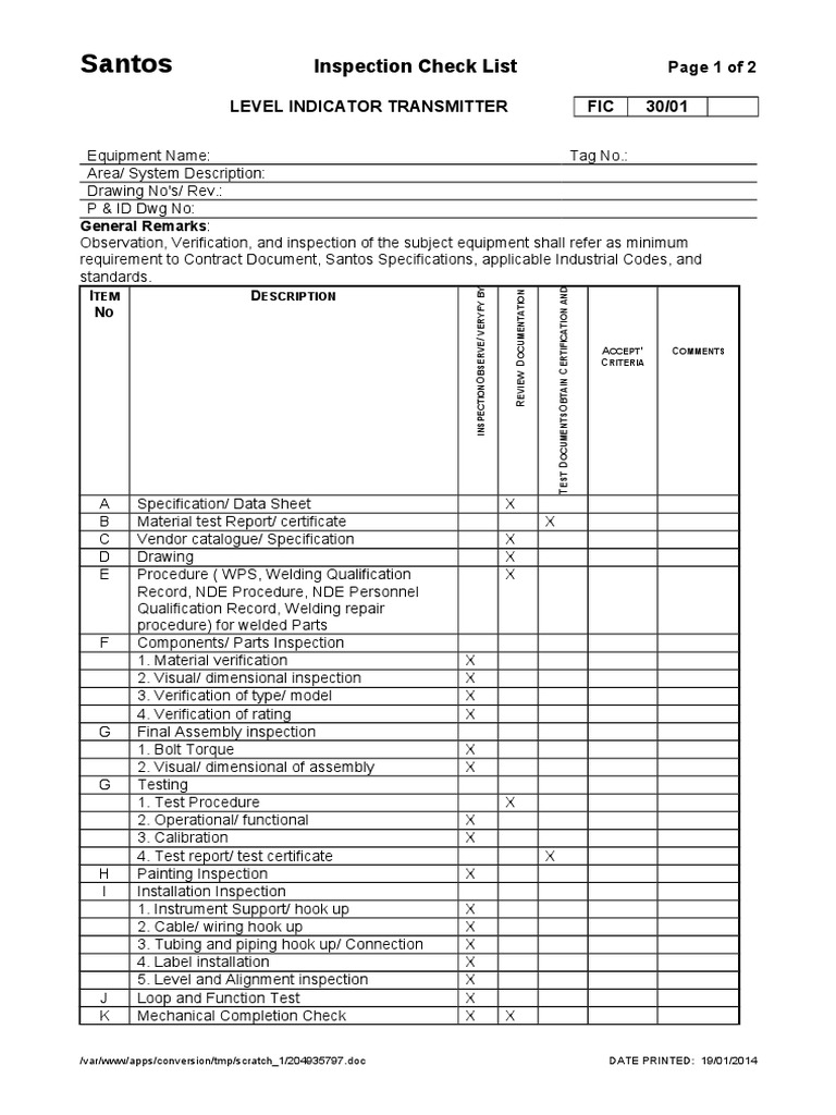 Level Indicator Transmitter Inspection | PDF
